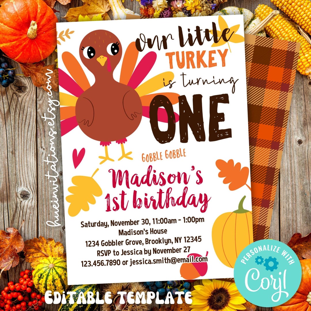 Turkey 1st Birthday Invitation Editable Template | ONE Thanksgiving ...