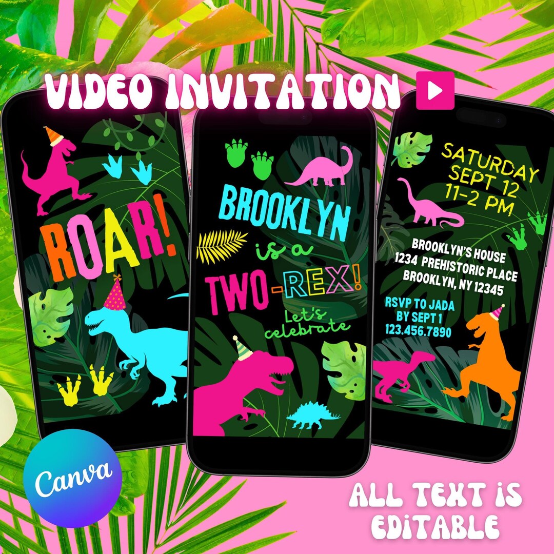 Two-rex Birthday Party VIDEO Invitation for Girls Editable With Canva ...