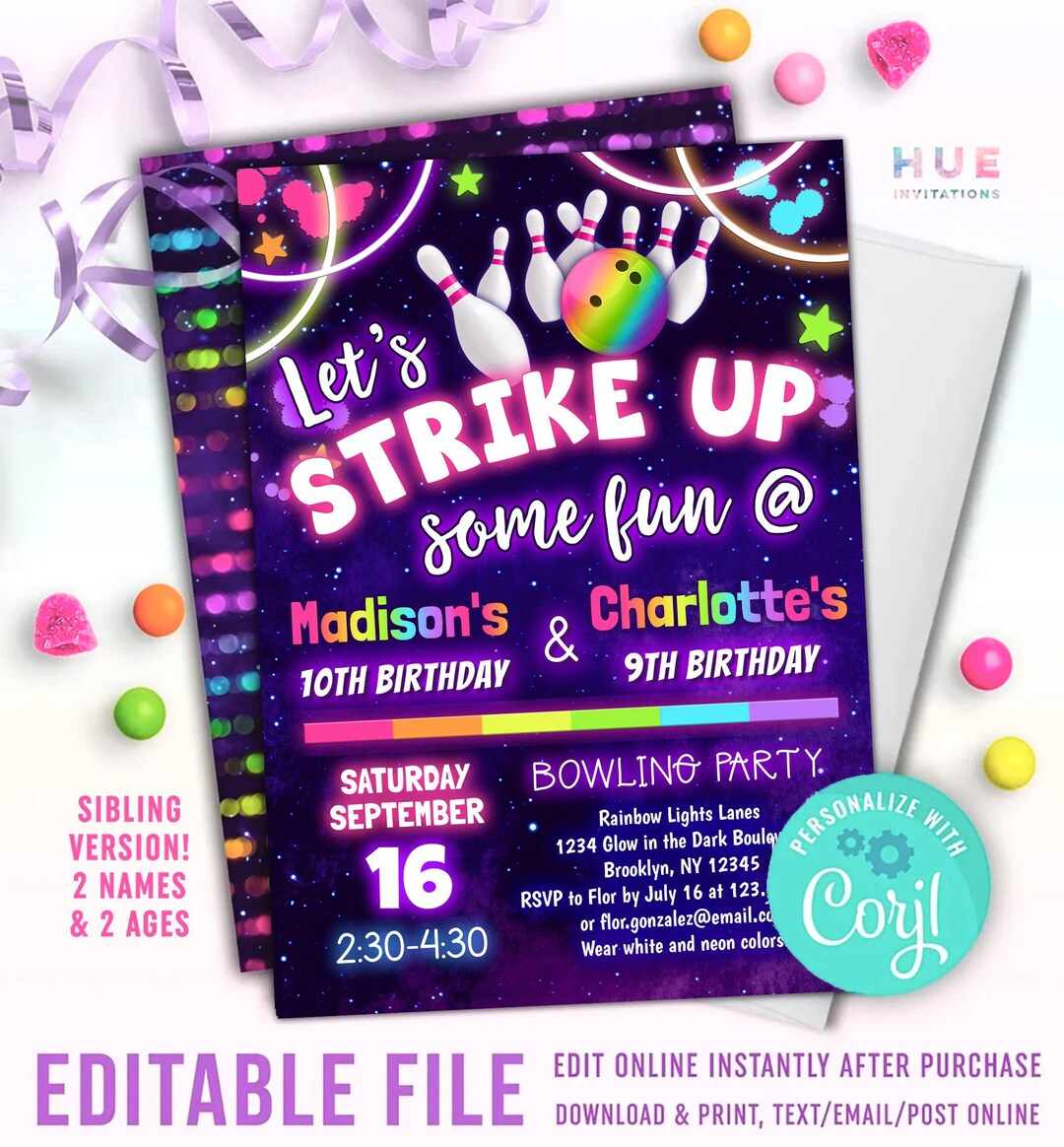 SIBLING Bowling Party Invitation for Two Girls | Rainbow Glow Bowling ...