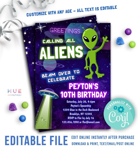 Ufo Alien Birthday Party Invitation Instant Download Outer | Etsy