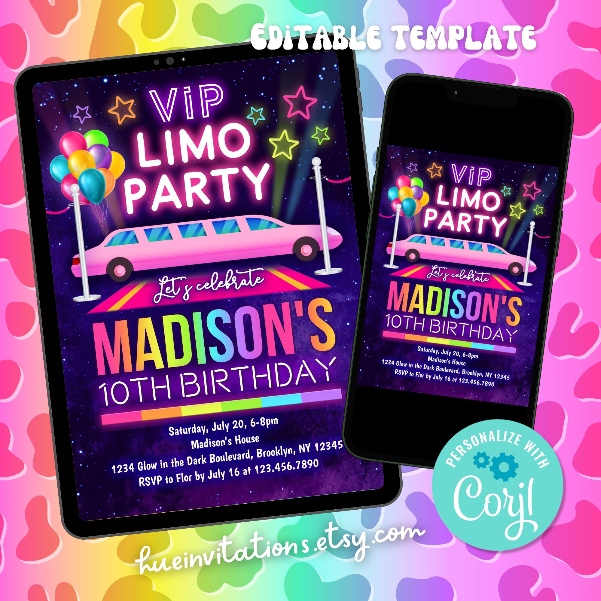 Pink Limo Party Invitation Editable Template | Rainbow VIP Limousine ...