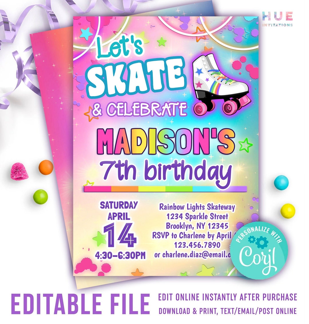 Rainbow Roller Skating Birthday Party Invitation Template | Girls Skate ...