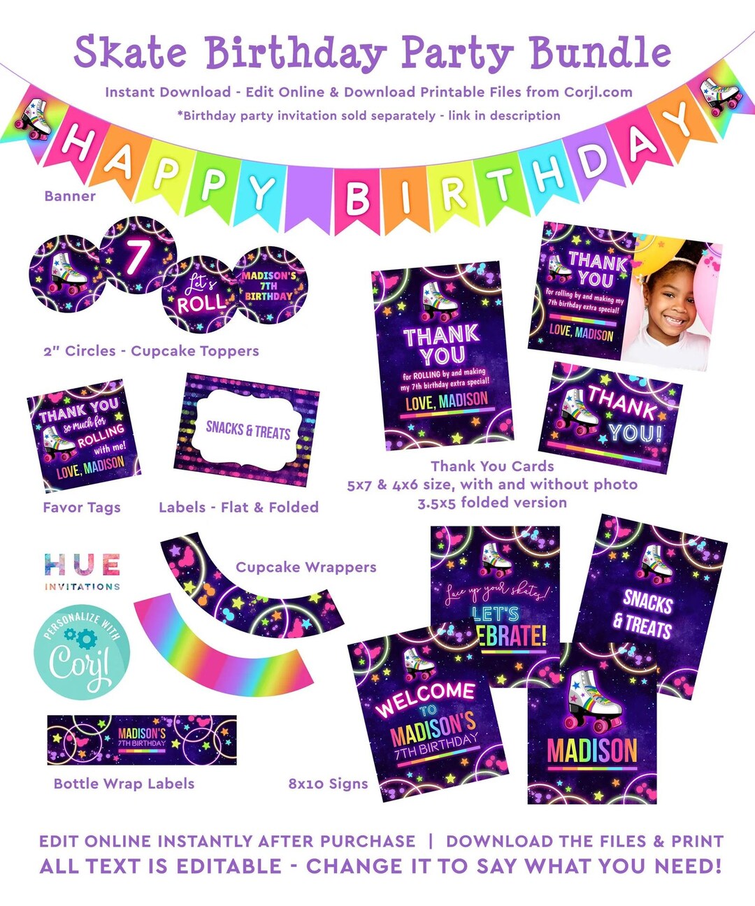 Roller Skating Birthday Party Bundle Coordinating Items | Skate Party ...