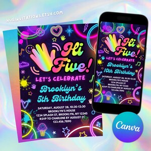 Rainbow Hi Five 5th Birthday Invitation | Neon High Five Party Invites ...