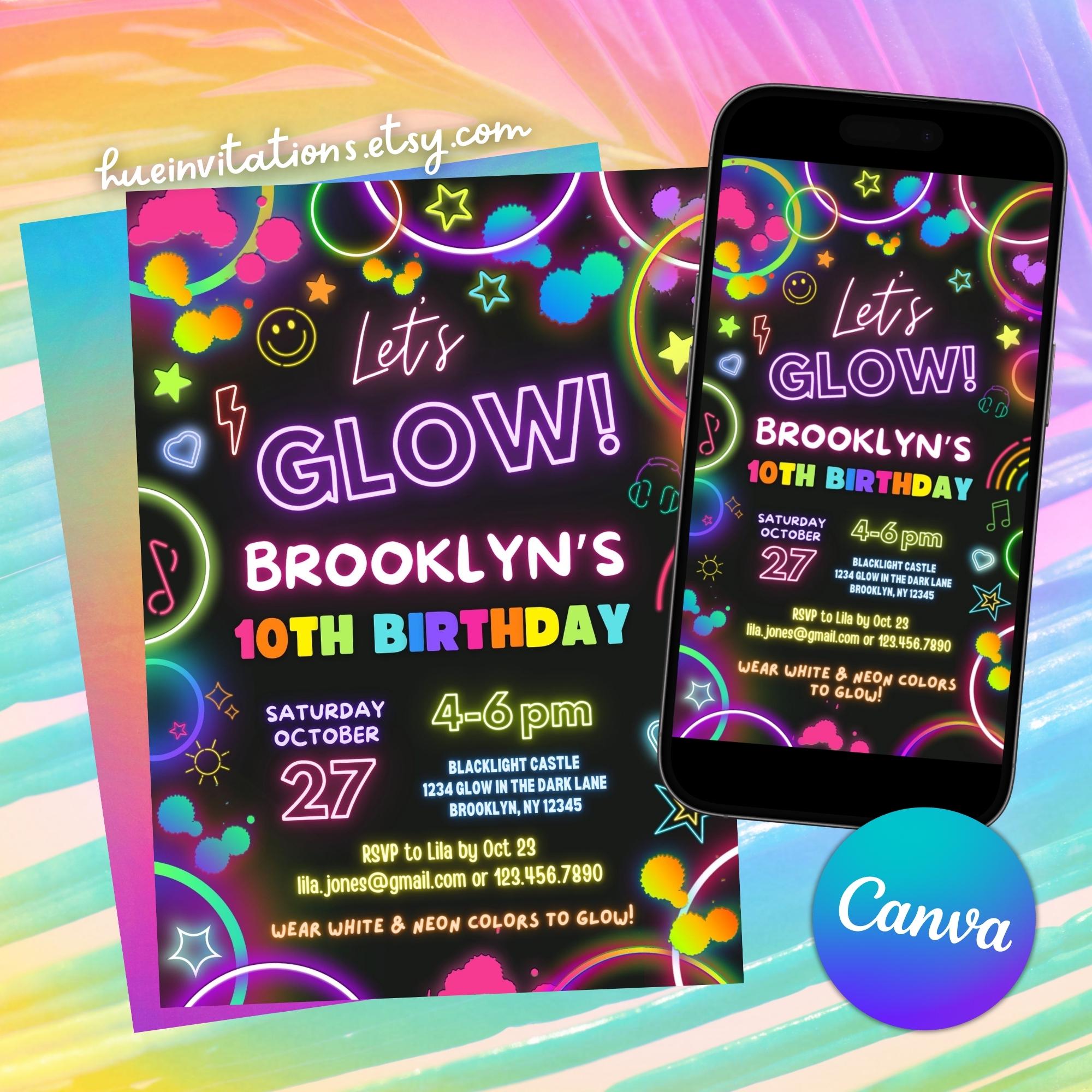 Neon Glow Party Invitation | Glow in the Dark Theme Birthday Invites ...