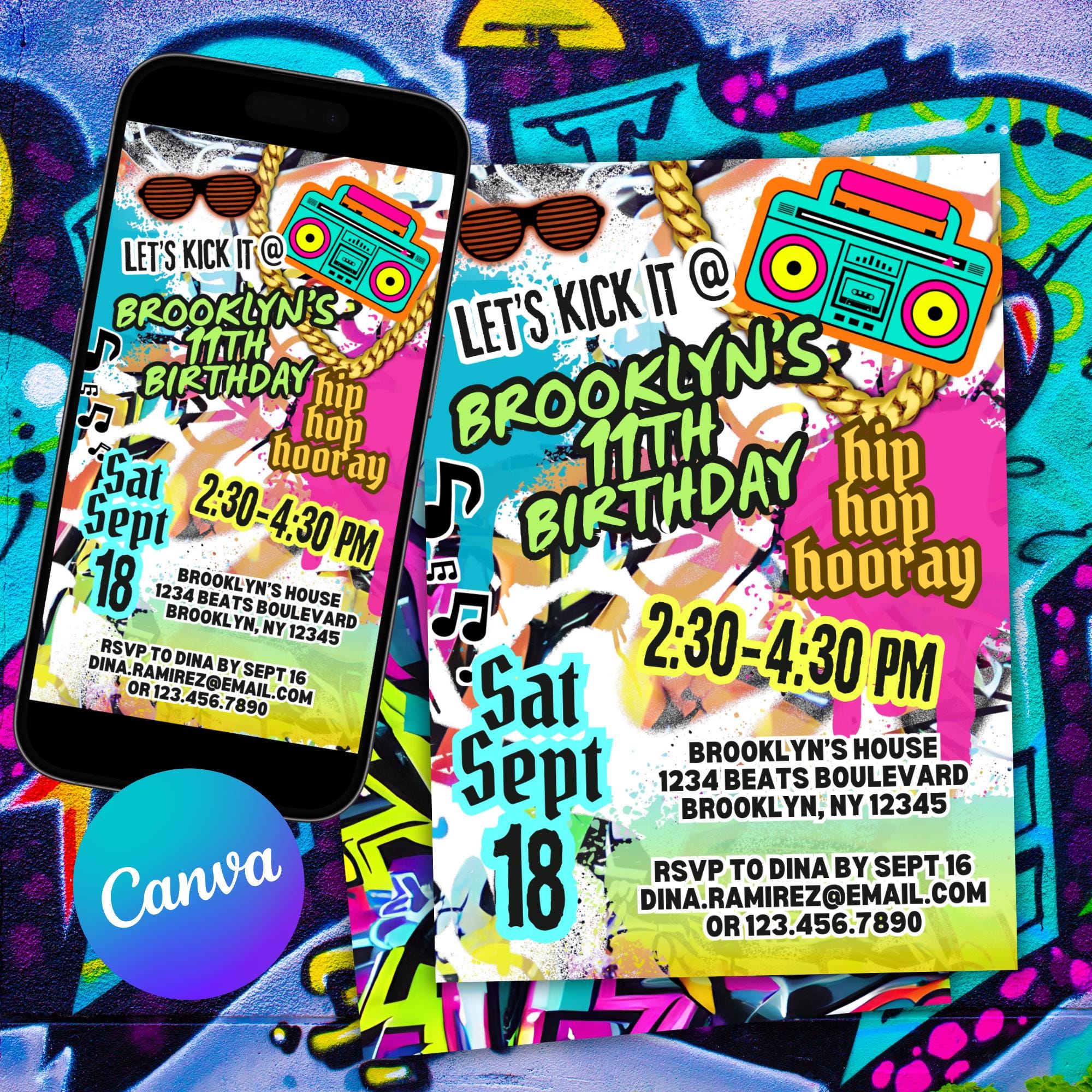 Hip Hop Birthday Party Invitation for Kids Editable With Canva | Retro ...