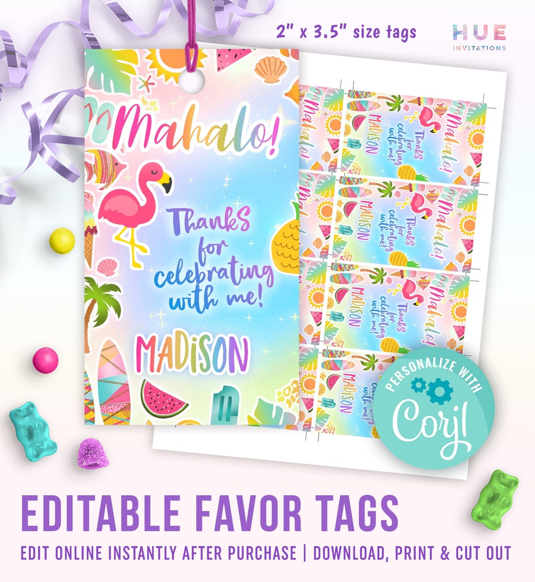 Aloha Luau Birthday Party Favor Tags | Rainbow Mahalo Birthday Thank ...