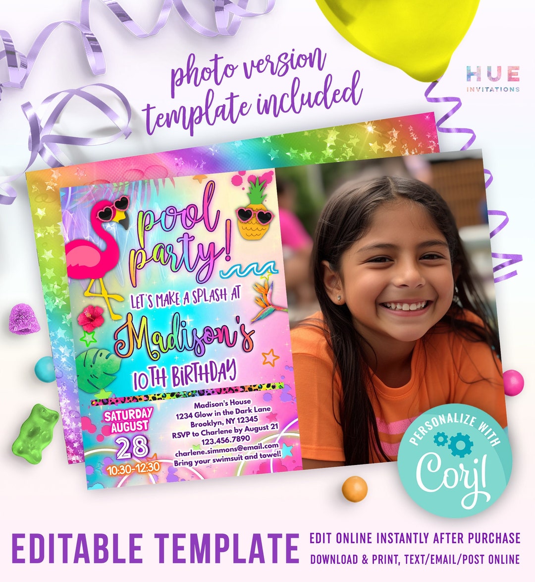 Cute Pool Party Invitation for Girls | Colorful Pool Party Birthday ...