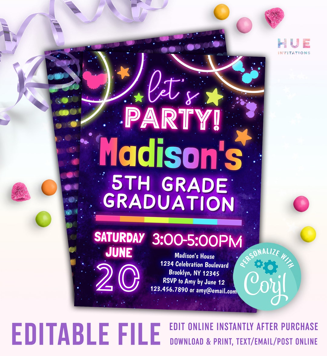 Editable 5th Grade Graduation Party Invitation Instant Download Neon ...