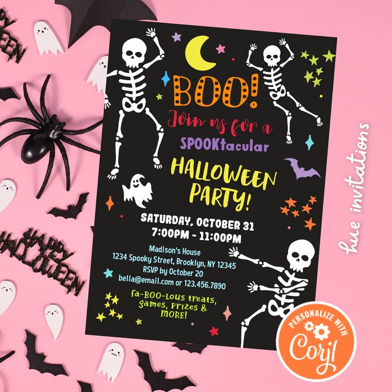 Skeleton Halloween Party Invitation | Cute Dancing Skeletons Halloween ...