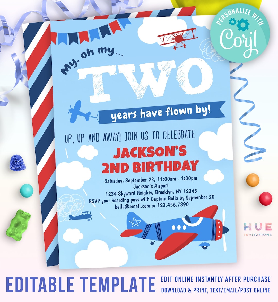 Airplane 2nd Birthday Invitation Boys Plane Party TWO Invitation Red ...