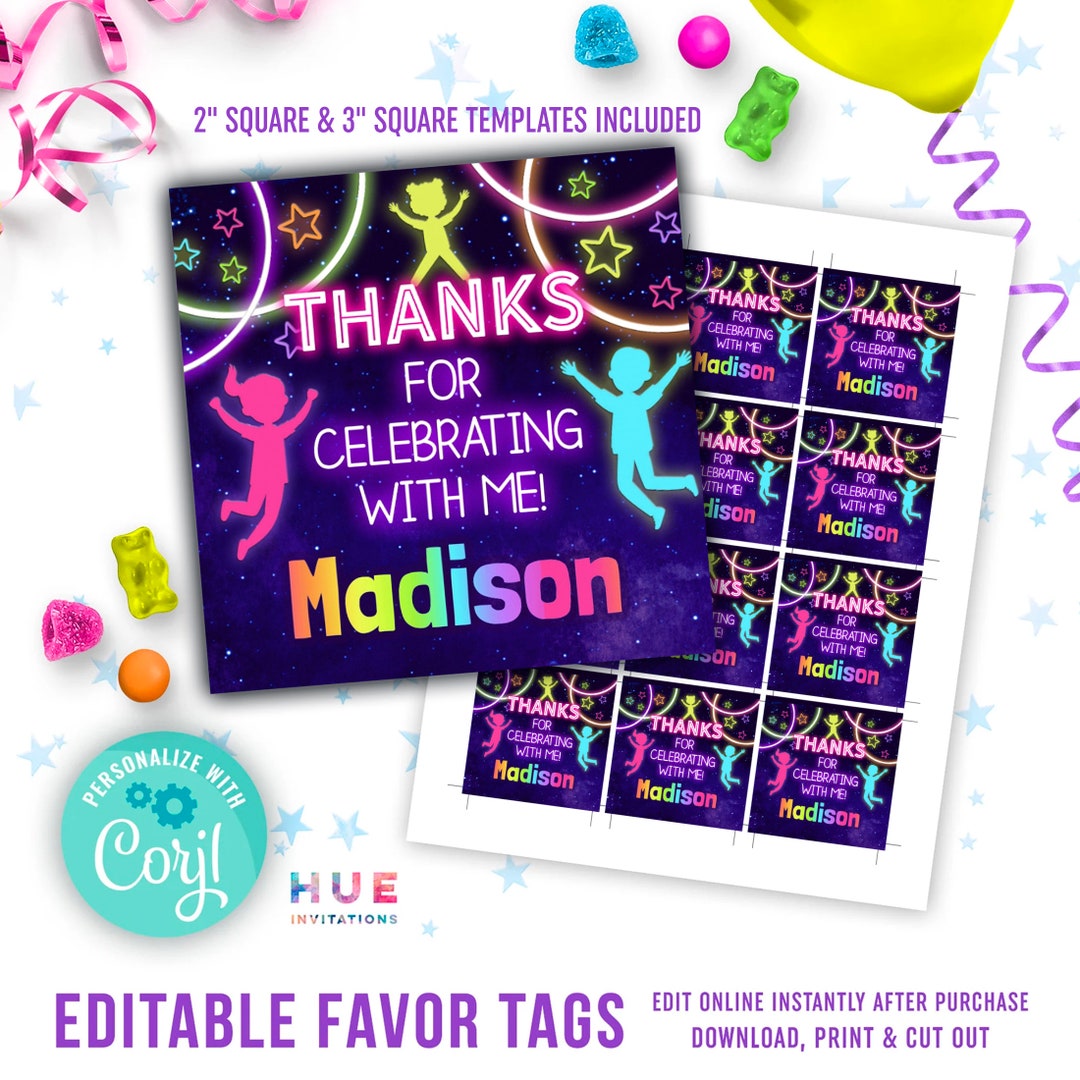 Trampoline Park Party Favor Tags Editable Template | Girls Rainbow Glow ...