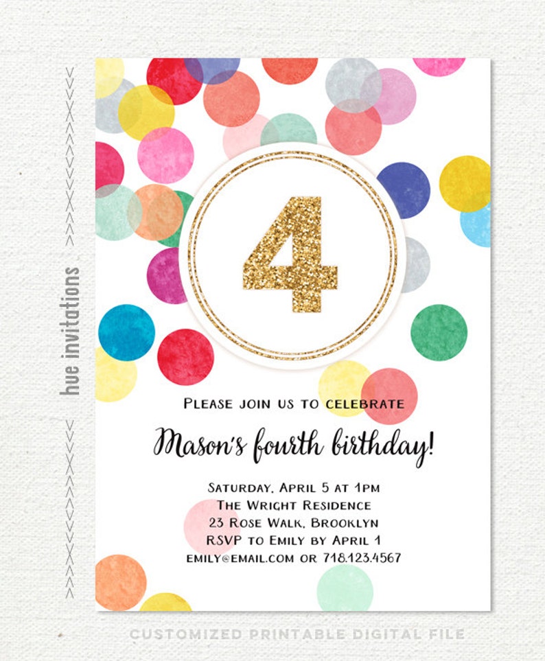 4th Birthday Invitation Rainbow Confetti Gold Glitter Girl Or Etsy