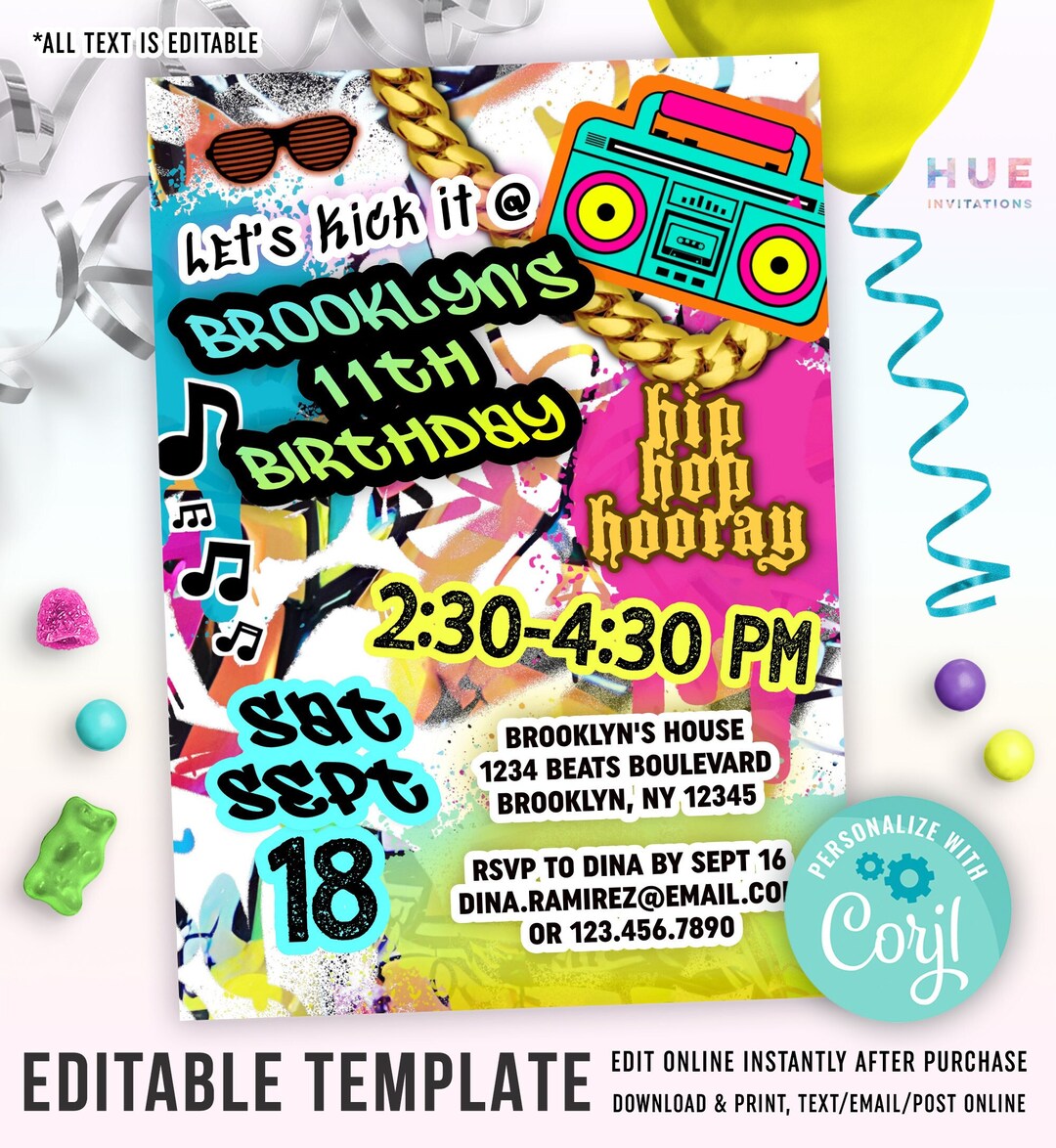 Retro Hip Hop Birthday Party Invitation for Kids Back to the 90s Hip ...