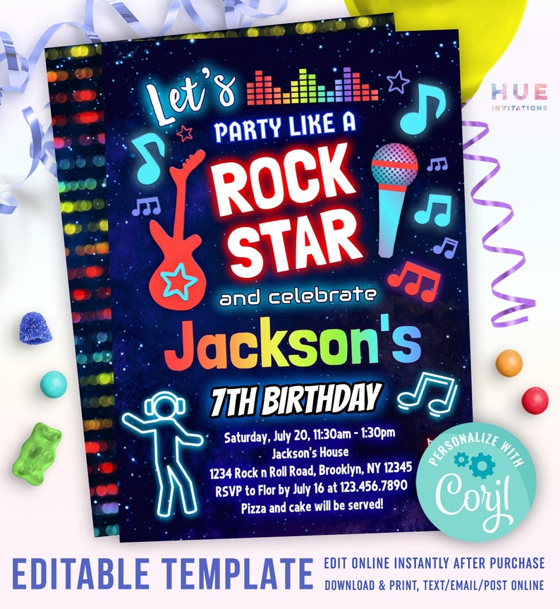 Rock N Roll Birthday Party Invitation for Boy | Rainbow Rock Star Theme ...
