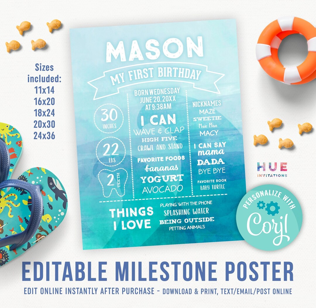 Ocean Wave 1st Birthday Milestone Board Editable Template | Boys or ...