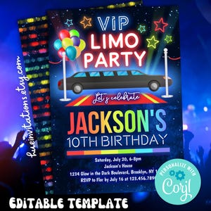 Boys Limo Party Invitation Editable Template | Neon Rainbow Colors VIP ...