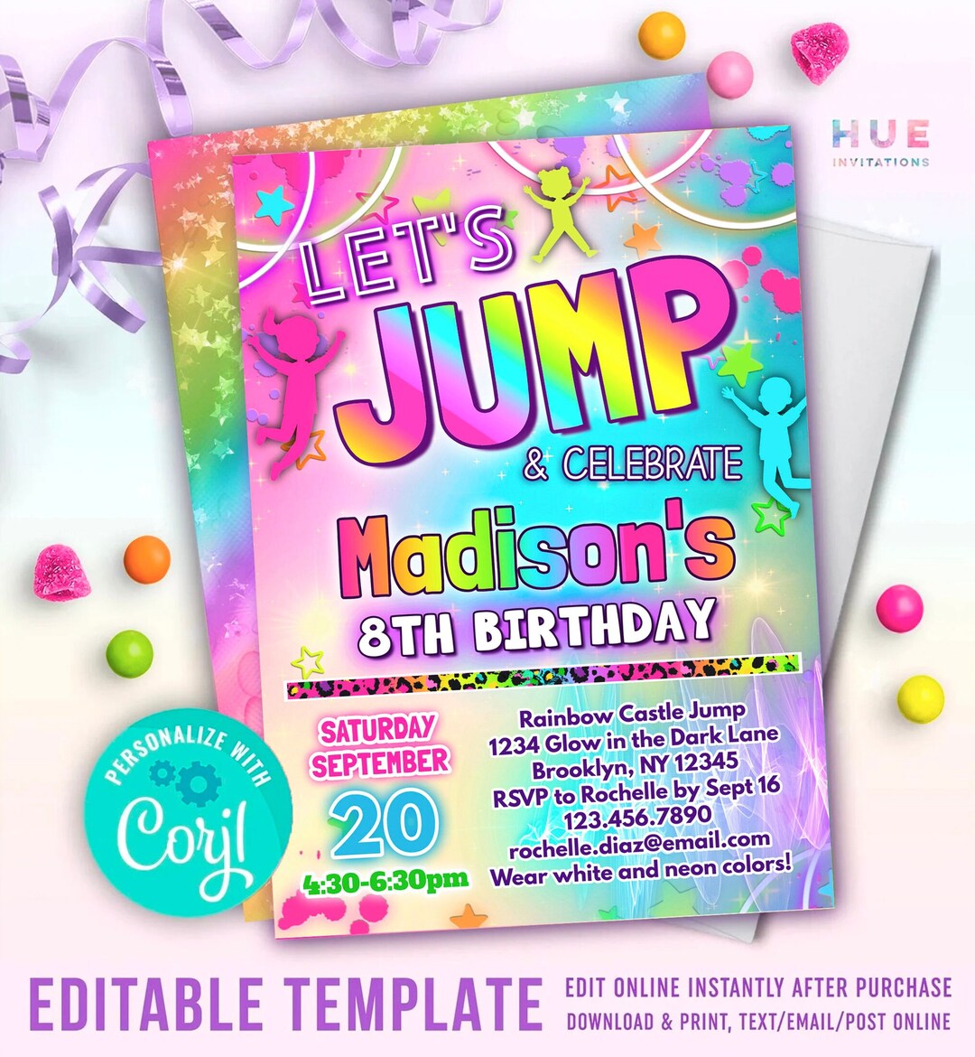 Girls Trampoline Park Birthday Invitation Editable Template | Rainbow ...