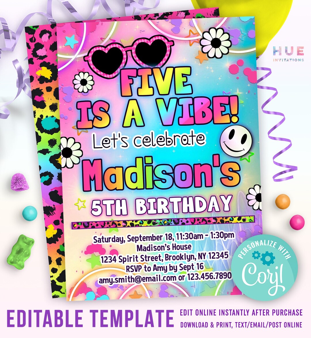 FIVE is a Vibe 5th Birthday Party Invitation Editable Template | Groovy ...