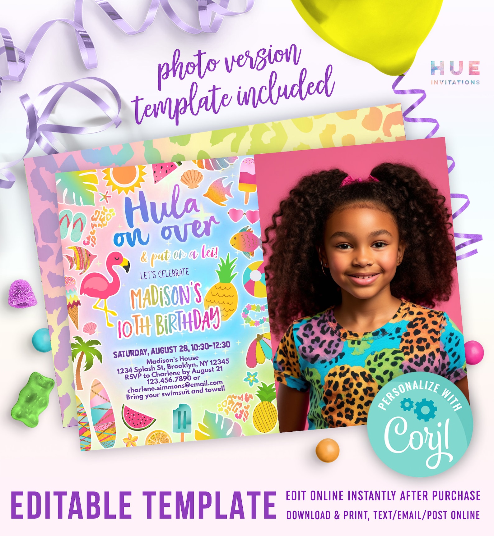 Hula on Over Birthday Invitation for Girls | Colorful Tropical Luau ...