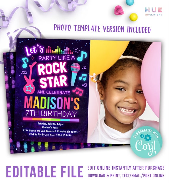 Invitaciones Imprimibles Para Fiesta De Rock Star Para Niñas Psd Rock
