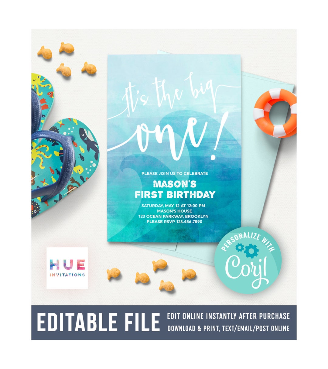 It's the Big One! Wave 1st Birthday Invitation EDITABLE FILE | Ocean ...