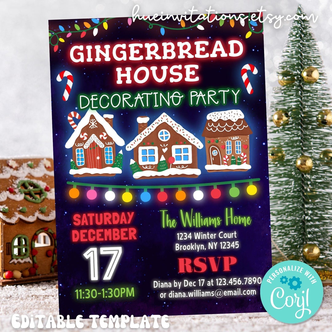 Gingerbread House Decorating Party Editable Template | Colorful Holiday ...