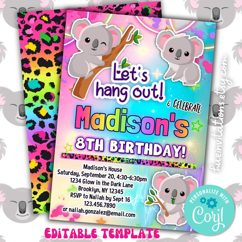 Cute Koalas Birthday Party Invitation Editable Template | Let's Hang ...