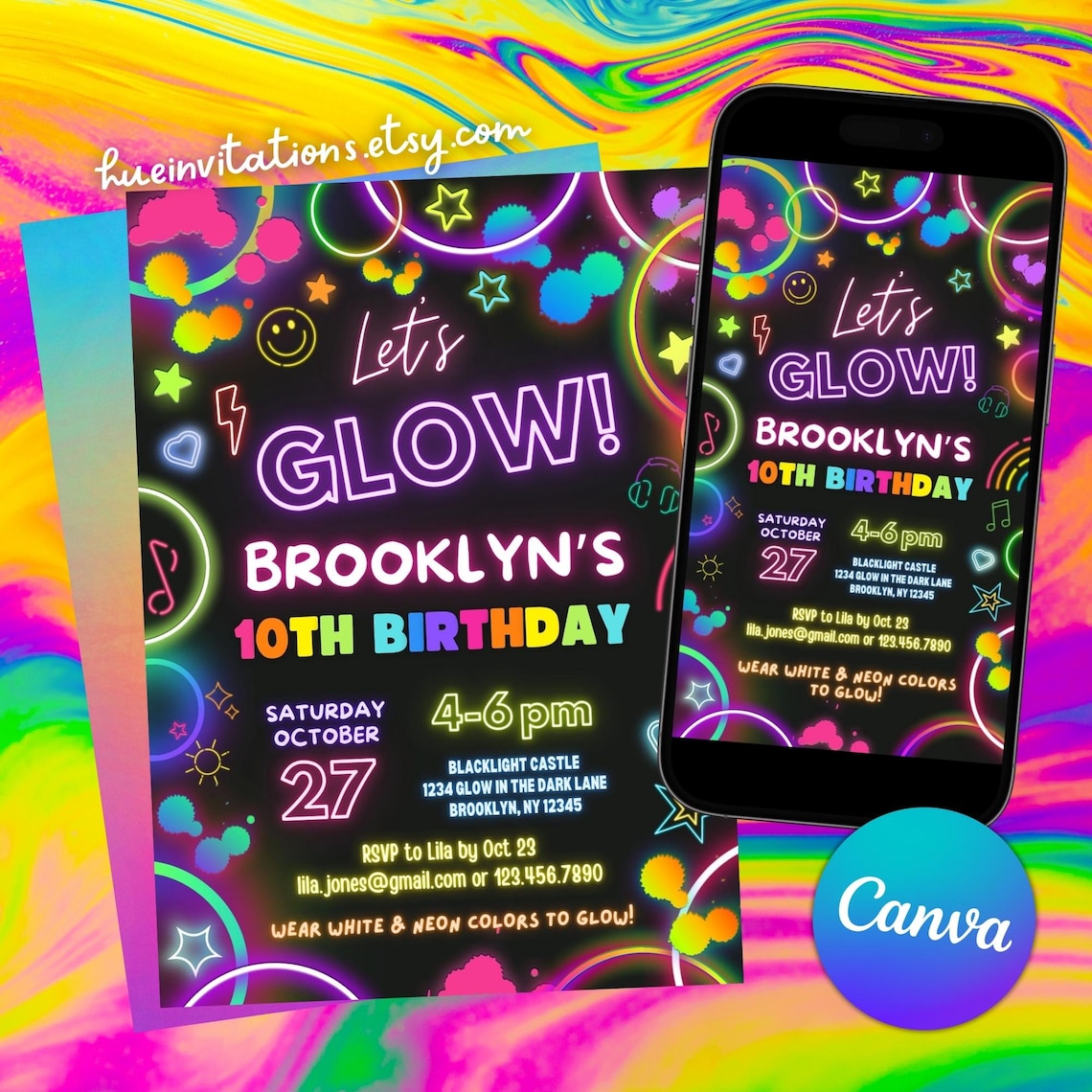 Neon Glow Party Invitation | Glow in the Dark Theme Birthday Invites ...