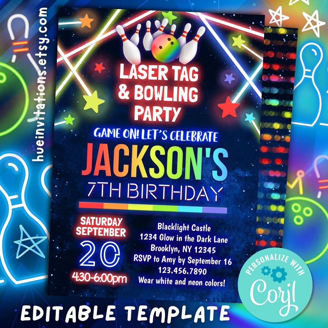 Editable Bowling Laser Tag Party Invitation Template | Rainbow Glow ...