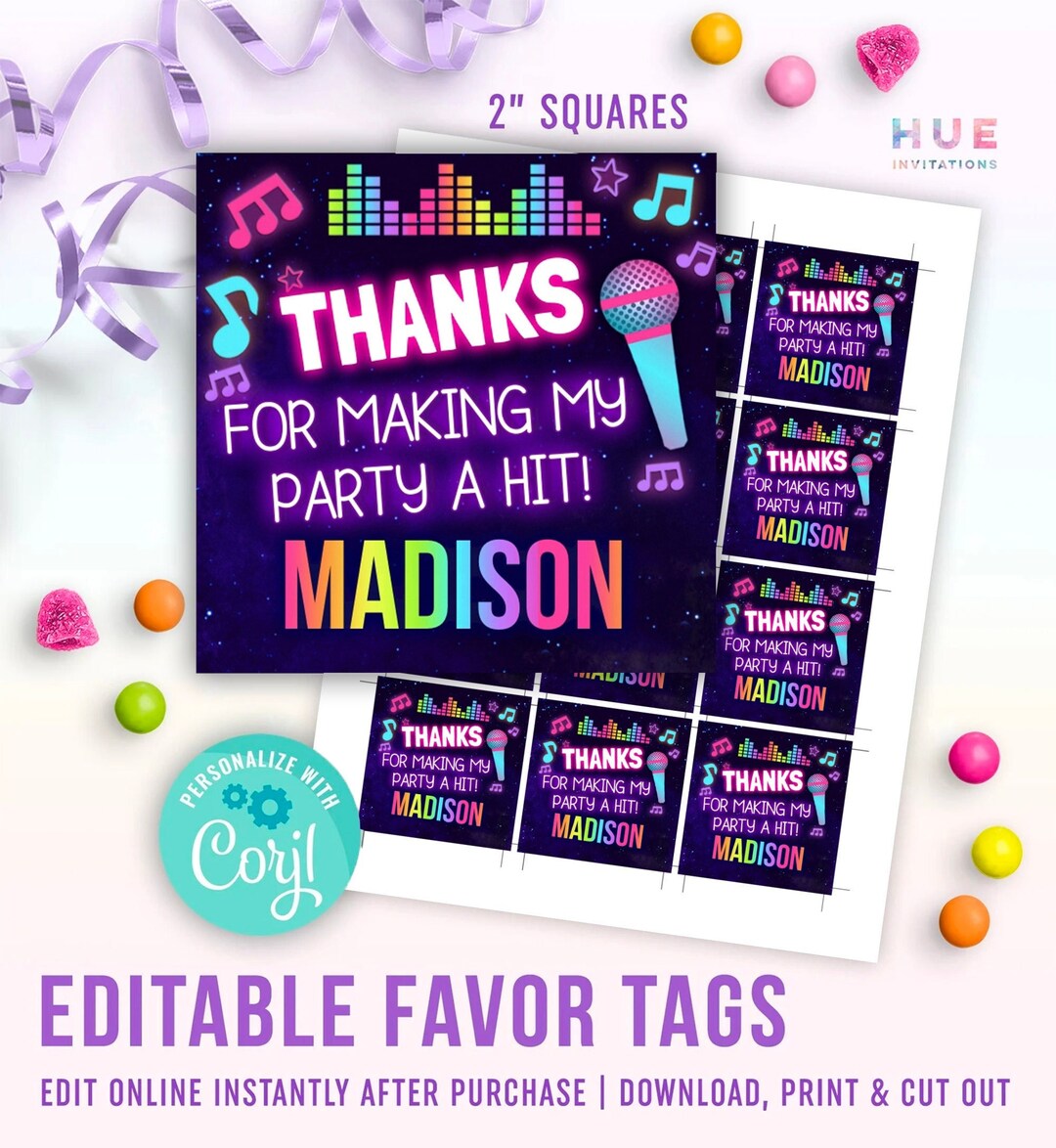Pop Star Birthday Party Favor Tags Instant Download Thanks - Etsy