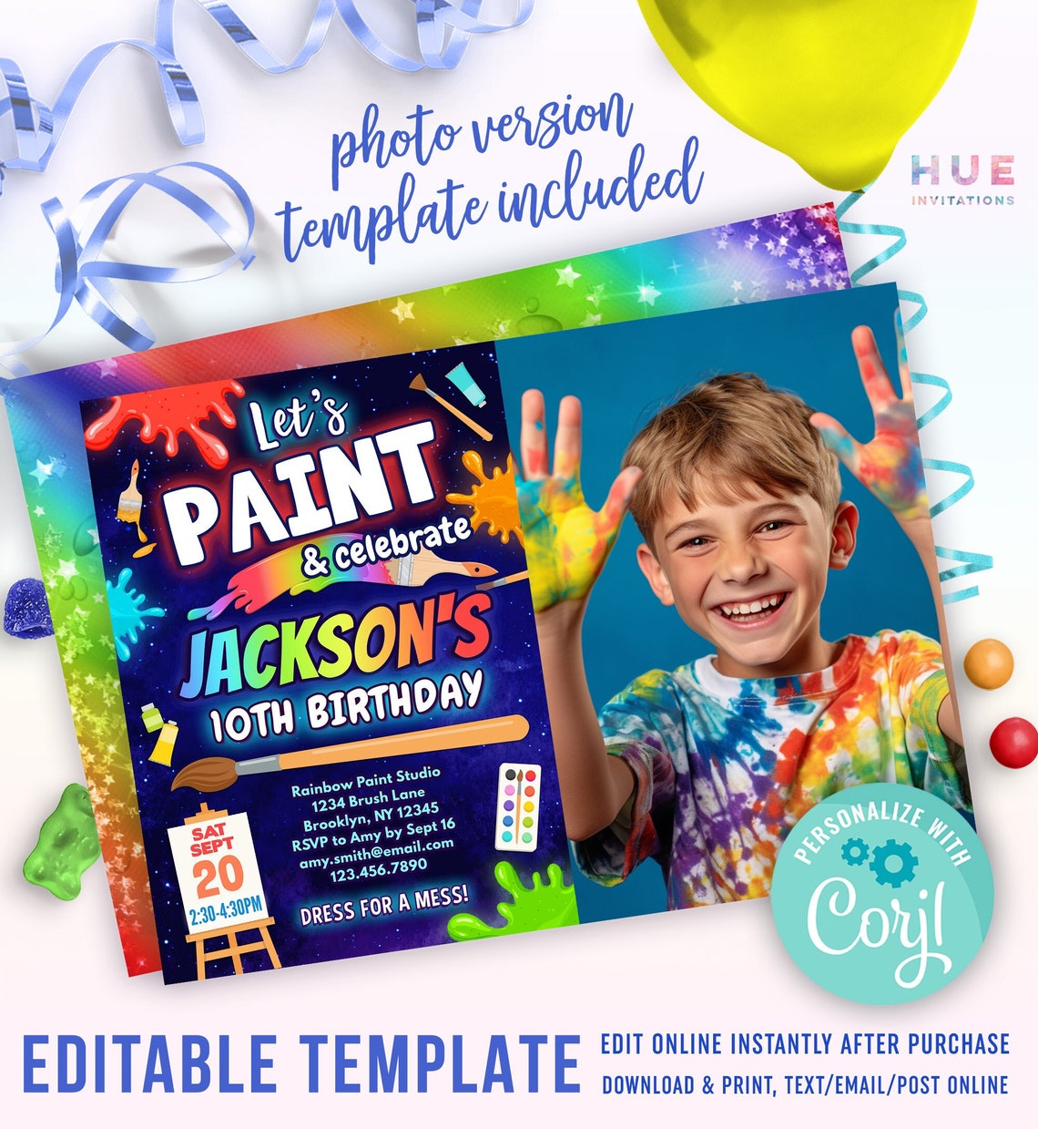 Boys Paint Party Invitation With a Photo | Rainbow Paint & Celebrate ...