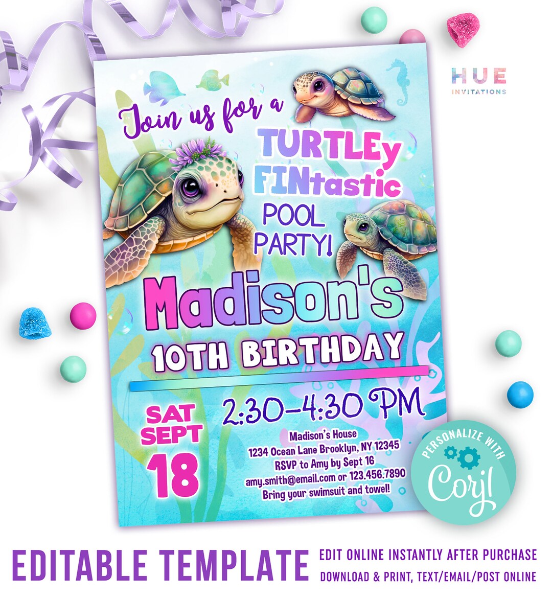 Sea Turtle Pool Party Invitation Editable Template | Turtley Fintastic ...
