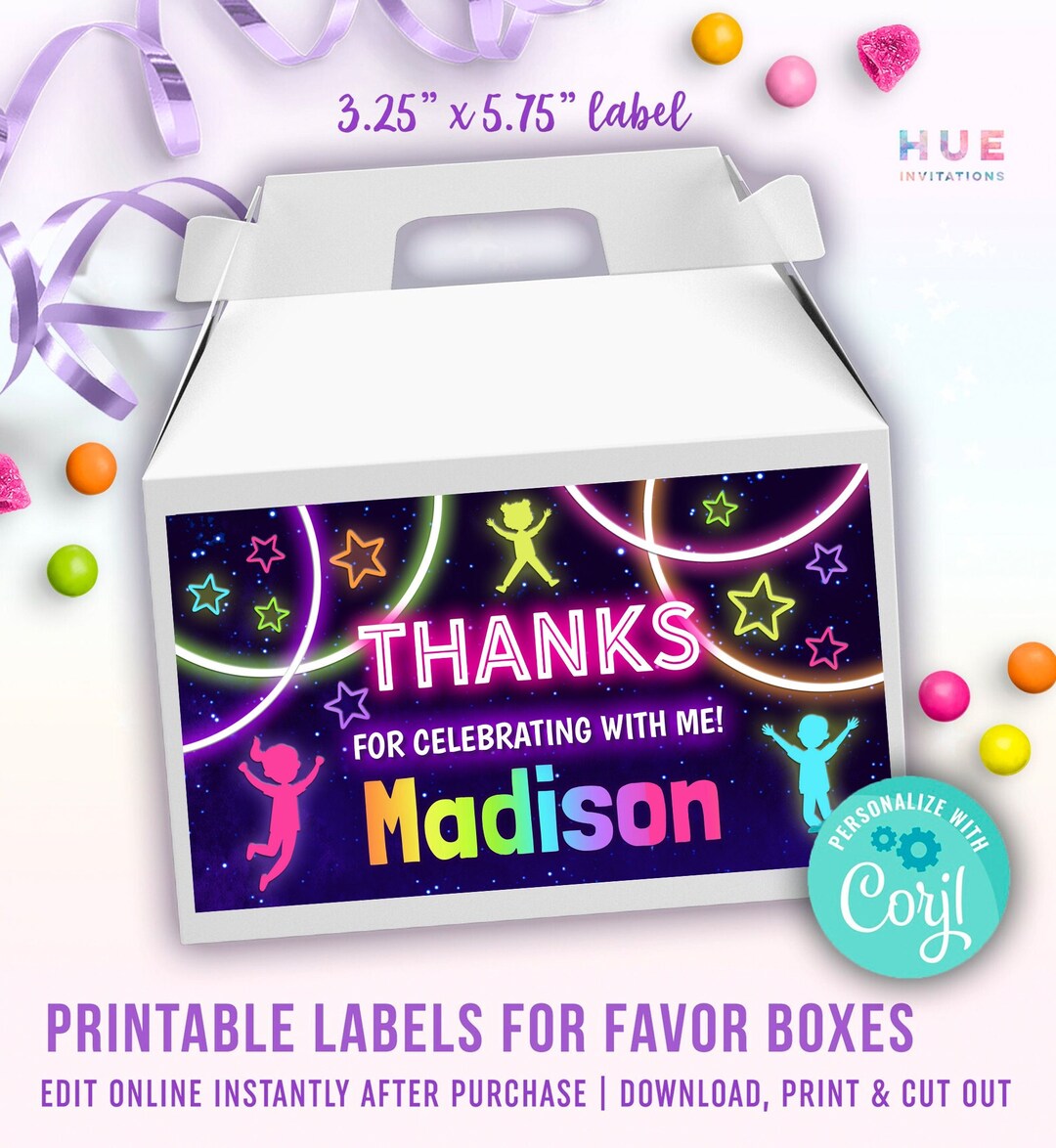 Printable Jump Party Favor Box Labels | Jump Tumble & Play Glow ...