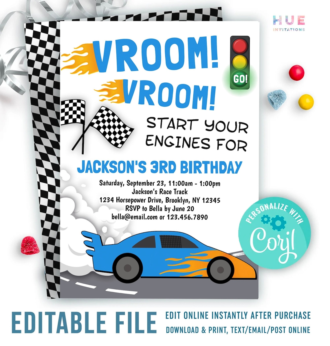 Blue Race Car Birthday Invitation Template You Edit Yourself - Etsy