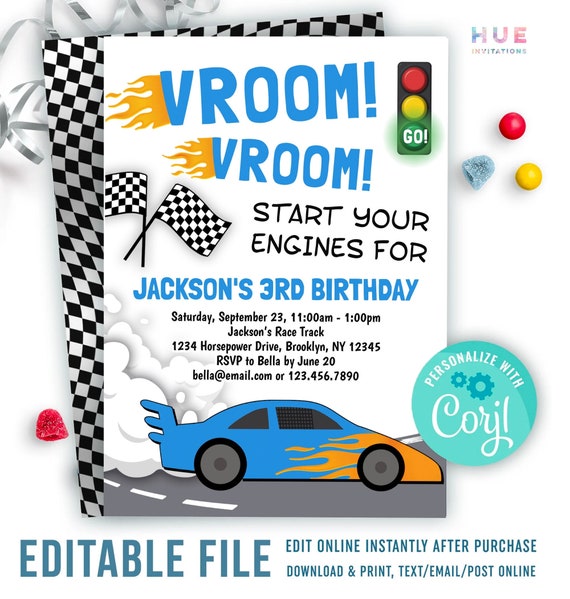 Blue Race Car Birthday Invitation Template You Edit Yourself - Etsy