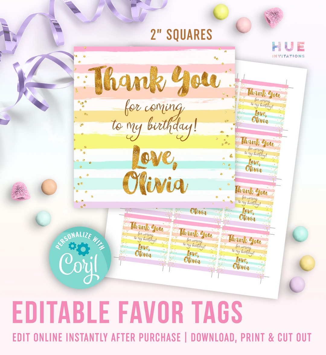 Rainbow Gold Confetti Favor Tags Instant Download Pastel 1st Birthday ...