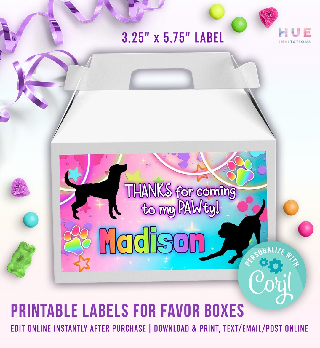 Black Lab Birthday Favor Box Labels Template | Rainbow Dog Paw-ty Treat ...
