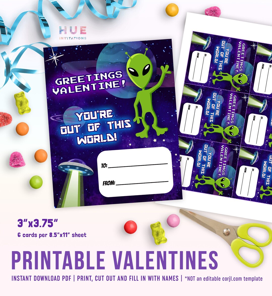 Alien Valentine Cards Instant Download Ufo Classroom Valentines for ...