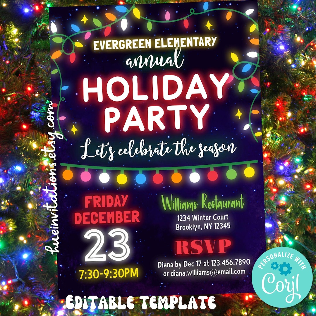 Editable Office Holiday Party Invitation | Colorful Lights School ...