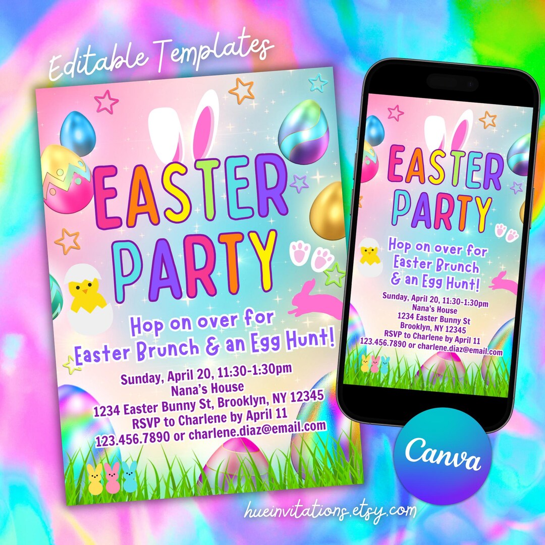 Editable Easter Party Invitation Canva Template | Cute Bunny Egg Hunt ...
