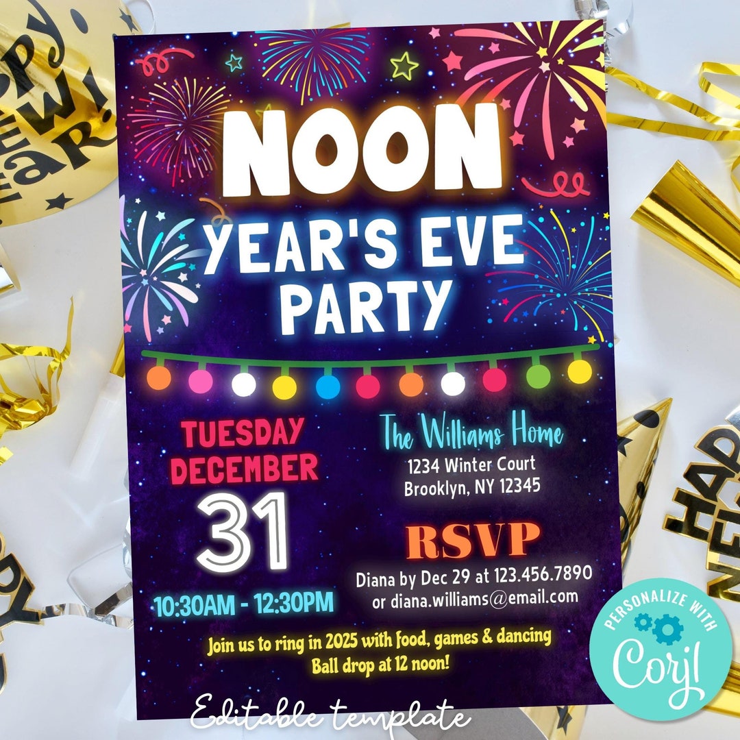 Colorful Noon Year's Eve Party Invitation Editable Template Noon New ...