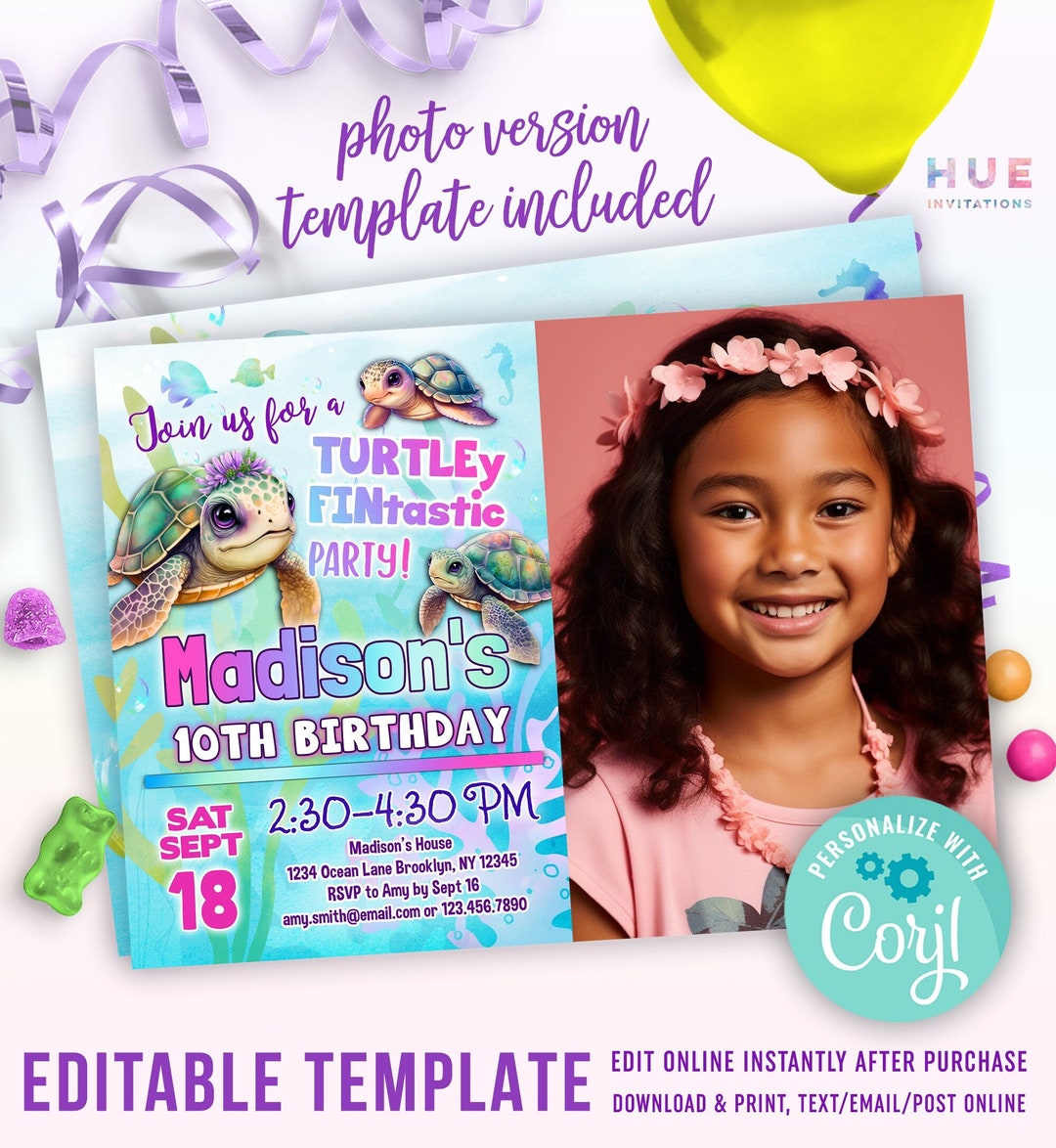 Cute Sea Turtle Birthday Invitation With a Photo | Under the Sea Theme ...