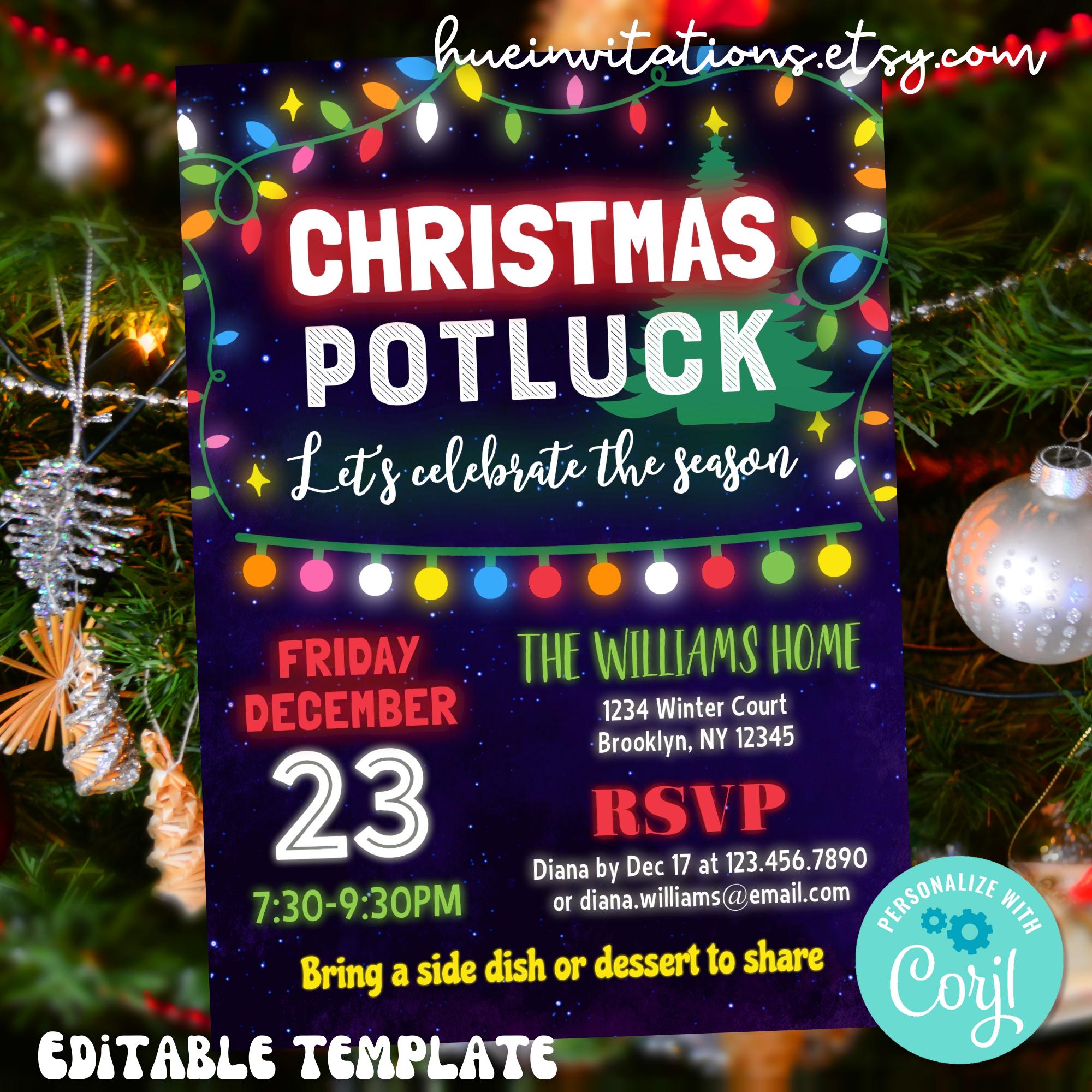 Colorful Christmas Potluck Invitation Editable Template | Christmas ...
