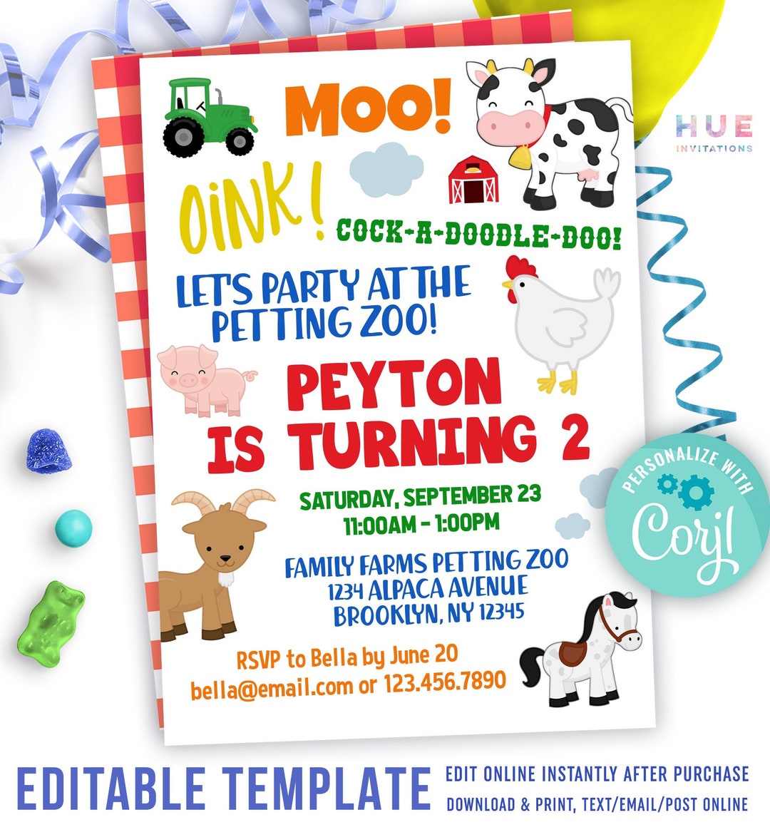 Petting Zoo Birthday Invitation for Boys and Girls Cute Farm Animals ...
