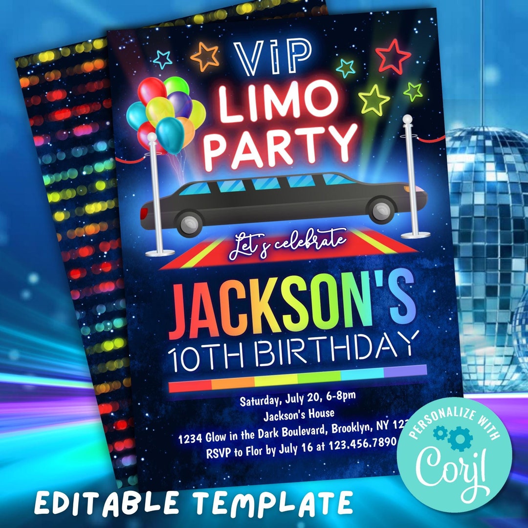 Boys Limo Party Invitation Editable Template | Neon Rainbow Colors VIP ...