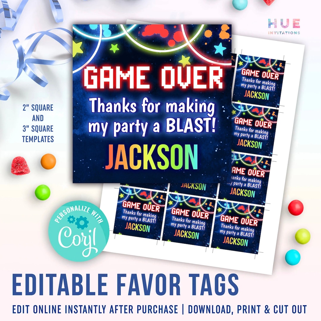 Game Over Arcade Birthday Party Favor Tags Editable Templates | Glow ...