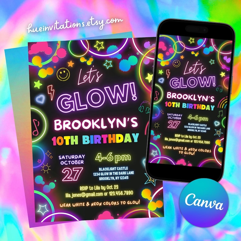 Neon Glow Party Invitation | Glow in the Dark Theme Birthday Invites ...
