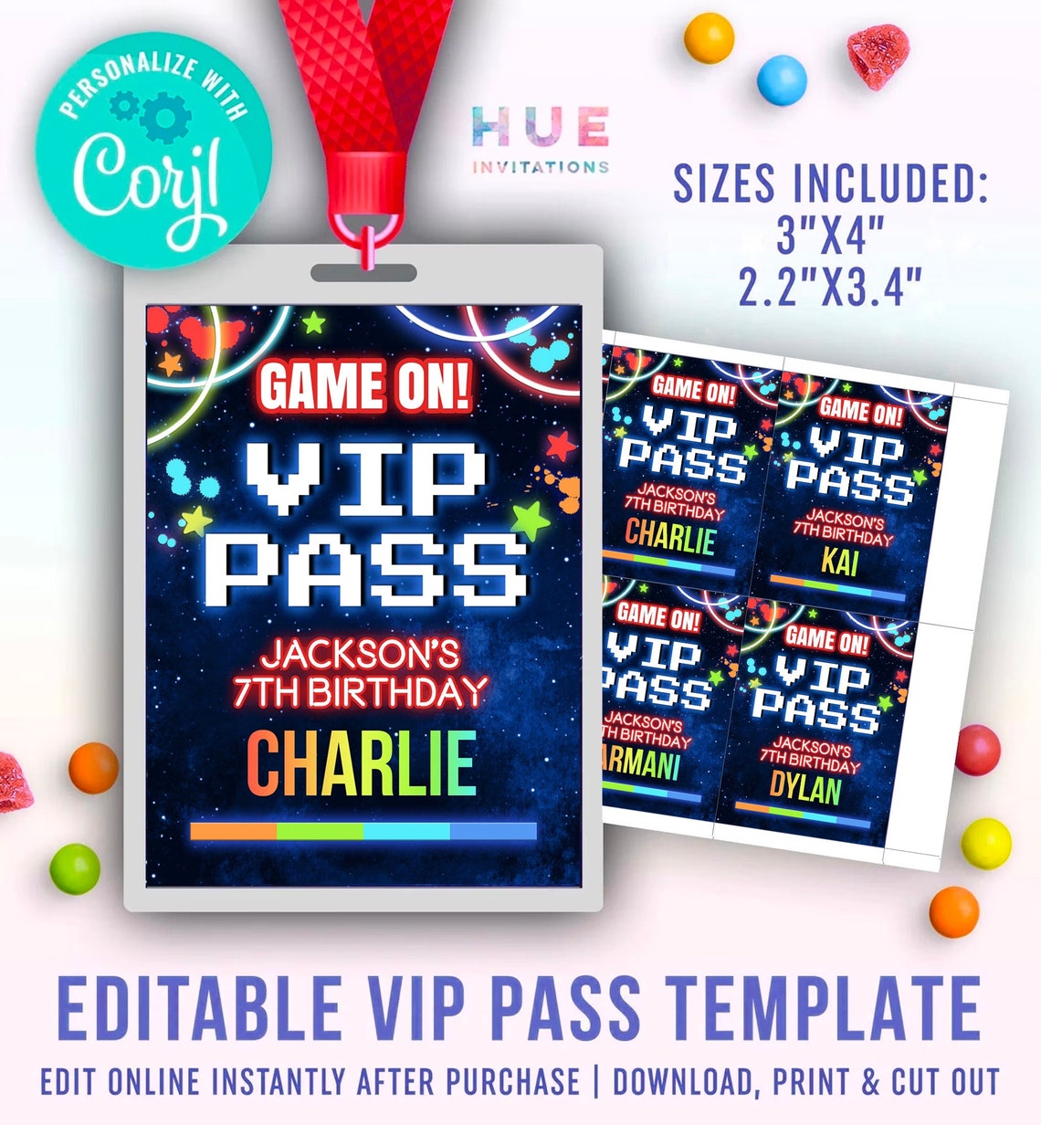 Boys Arcade Party VIP Pass Printable Template for Lanyards | Game on ...