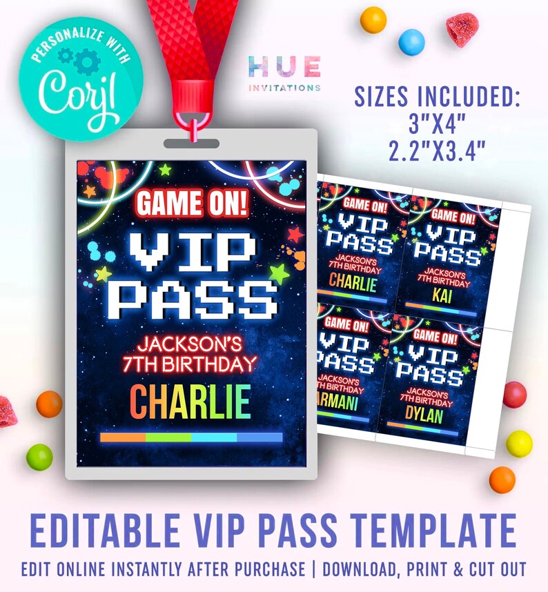 Boys Arcade Party VIP Pass Printable Template for Lanyards | Game on ...